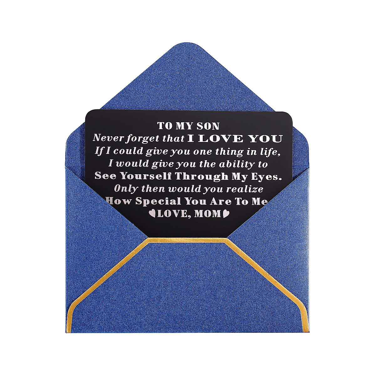 Personalized Engraved Message Wallet Card Inserts Customized for Son from Mom - I Love You - Birthday Christmas Graduation Deployment - Unique Custom Metal Cards for Him from Mother