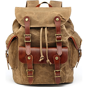 Waxed Canvas Leather Backpack for Men, Military Tactical Shoulder Rucksack for Travel Bag (M85_Khaki)