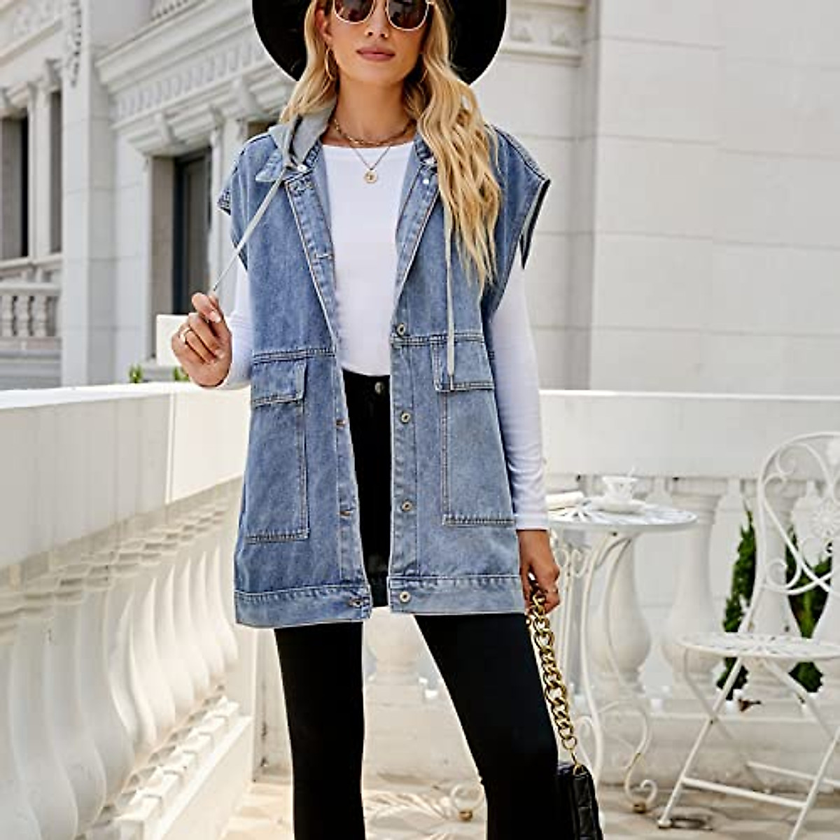 Perbai Women's Distressed Oversized Button Down Sleeveless Denim Vest with Detachable Hoodie(B HoodedBlue-S)