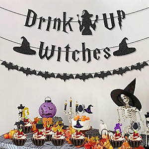 Stcomart Pre-Strung Glitter Drink Up Witches Banner for Halloween Witch Decorations, Witch Halloween Decor, Halloween Party Decorations, Black