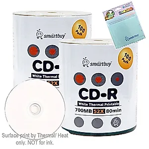 Smartbuy 200-disc 700mb/80min 52x CD-R White Thermal Hub Printable Recordable Disc + Free Micro Fiber Cloth