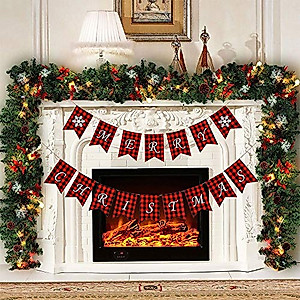 Jolik Merry Christmas Banner with Two Snowflake Flags - Buffalo Plaid Banner Decoration for Fireplace Wall Tree Christmas Decoration