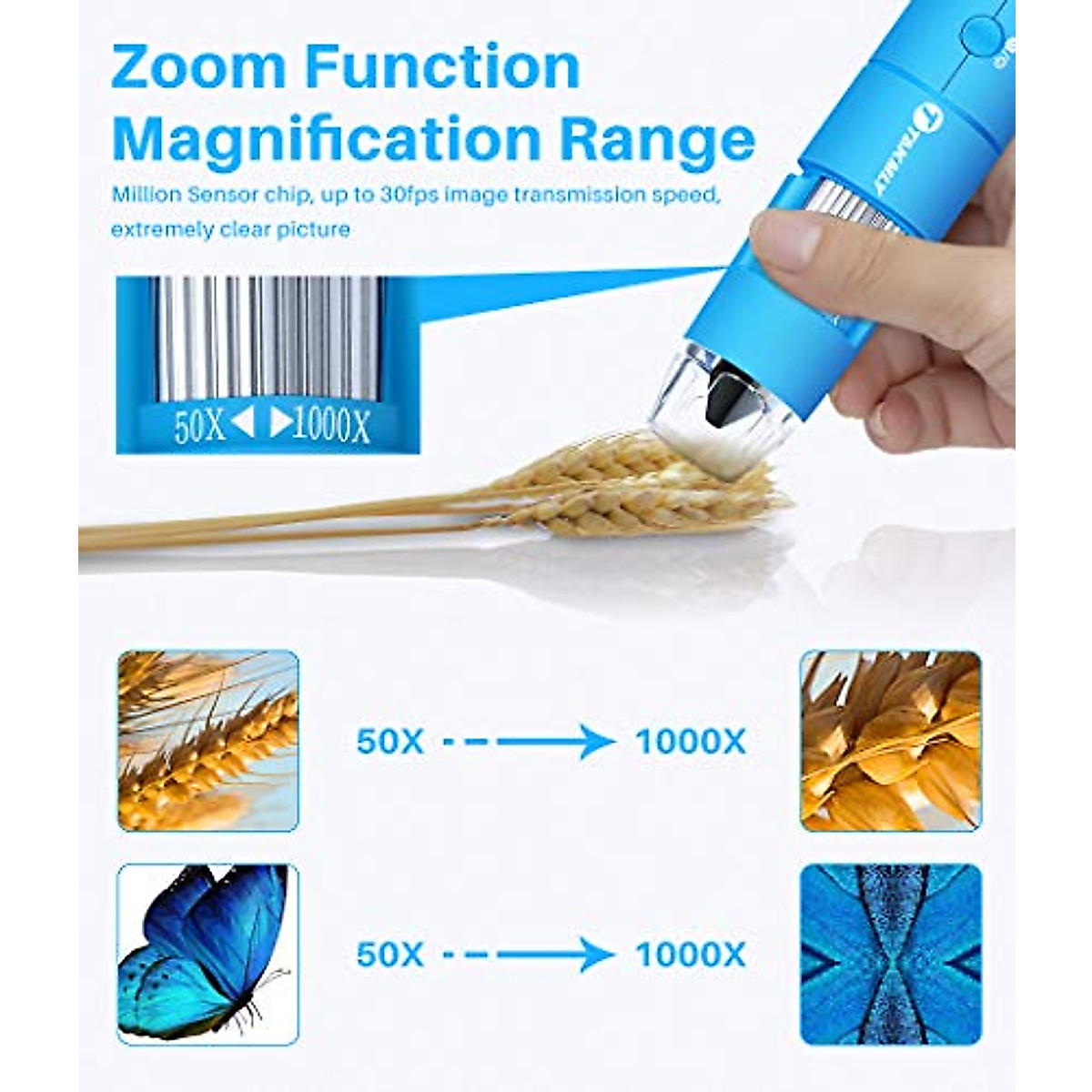Wireless Digital Microscope Handheld USB HD Inspection Camera 50x-1000x Magnification with Stand Compatible with iPhone, iPad, Samsung Galaxy, Android, Mac, Windows Computer (Blue)
