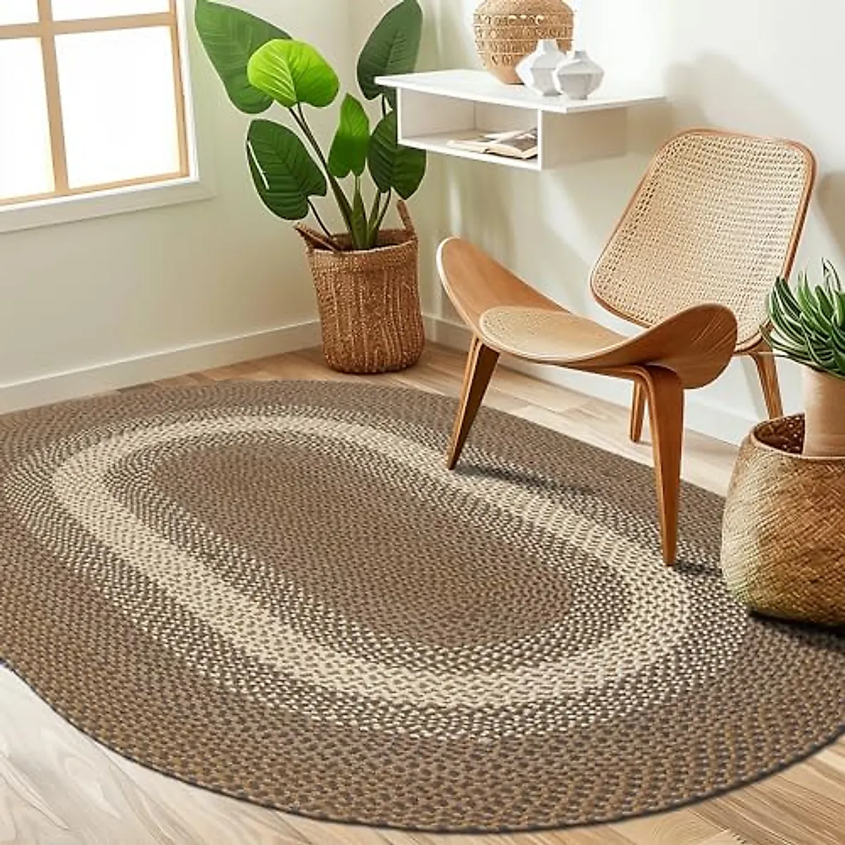 Super Area Rugs Brown Braided Rug for Kitchen/Dining Room, Taupe Gray Indoor Outdoor Braided Rug for Patio/Porch 4' x 6' Oval