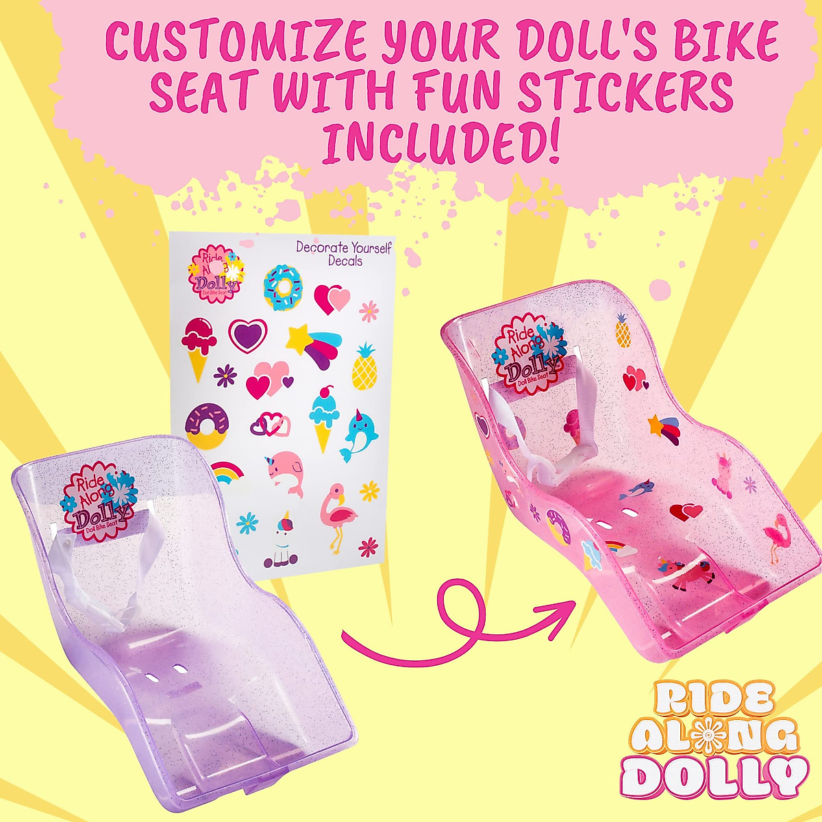 SCS Direct The Original Doll Bicycle Seat (Glitter Purple)-Bike Attachment Accessory for All 18-22" Dolls & Stuffed Bear-Decorate Yourself Decals Hardware Included! Gift Compatible with American Girl