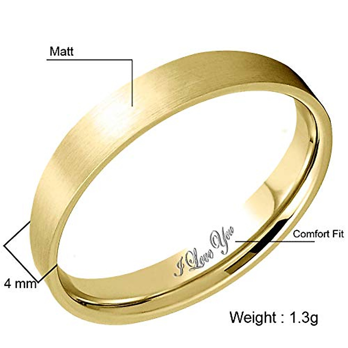 Everstone Women's Matte & Brushed 4MM Flat Promise Ring Wedding Bands Titanium Ring Color: Yellow Gold Engraved I Love You