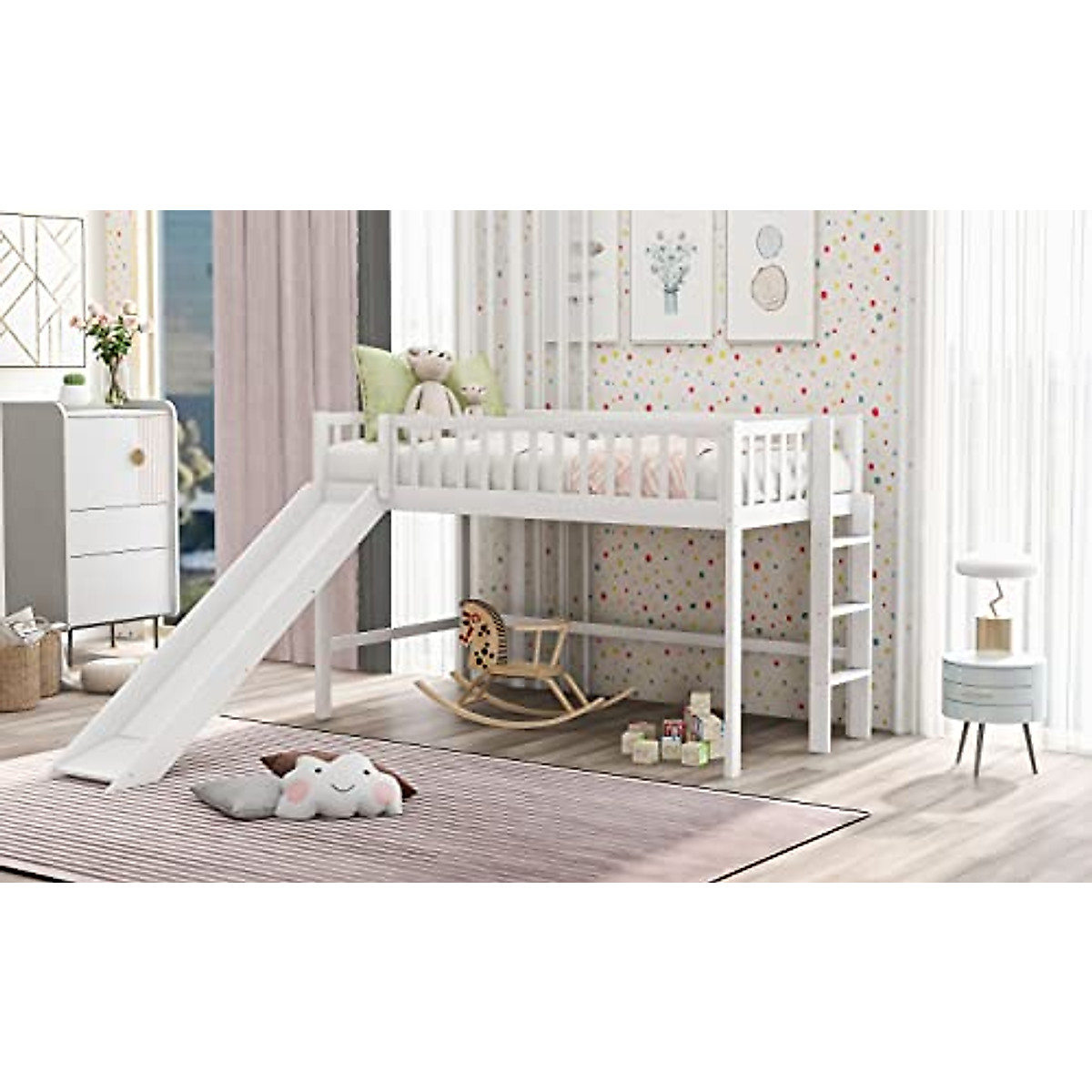 Harper & Bright Designs Twin Size Low Loft Bed Frame with Ladder and Slide for Kids,White