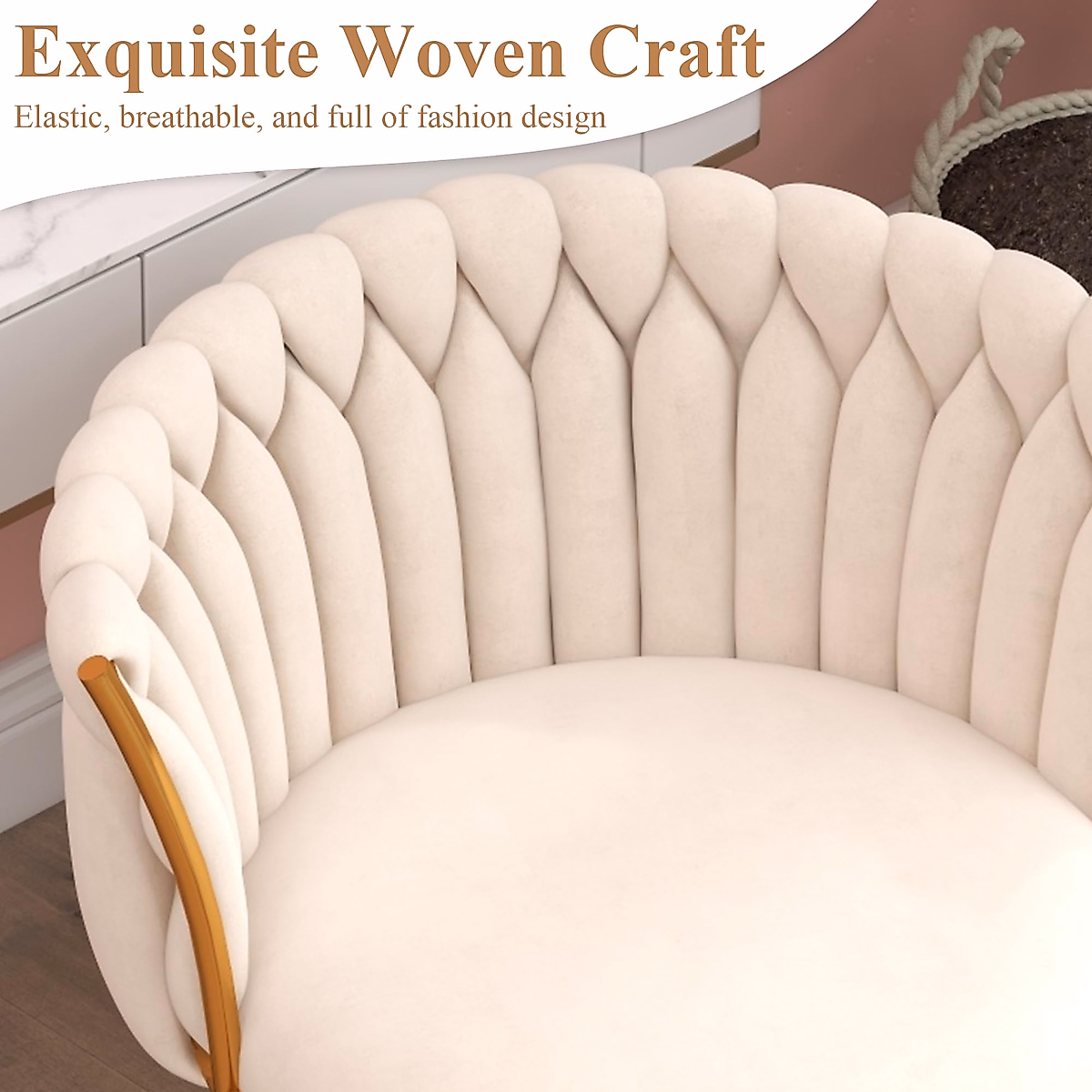 ABET Desk Chair with Wheels, Modern Velvet Office Chair for Desk, Hand Woven Vanity Makeup Chair for Girls Women Bedroom, 360° Swivel & Height Adjustable Gold Base Task Armchair, Beige