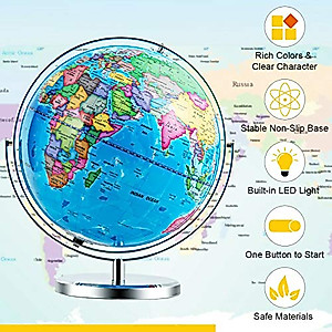 Goplus Desktop World Globe, Educational Geographic World Globe with LED Lights for Students Adults, 720° Rotation Decorative Globe, Easy to Read Labels Over 4000 Locations for Classroom, Office