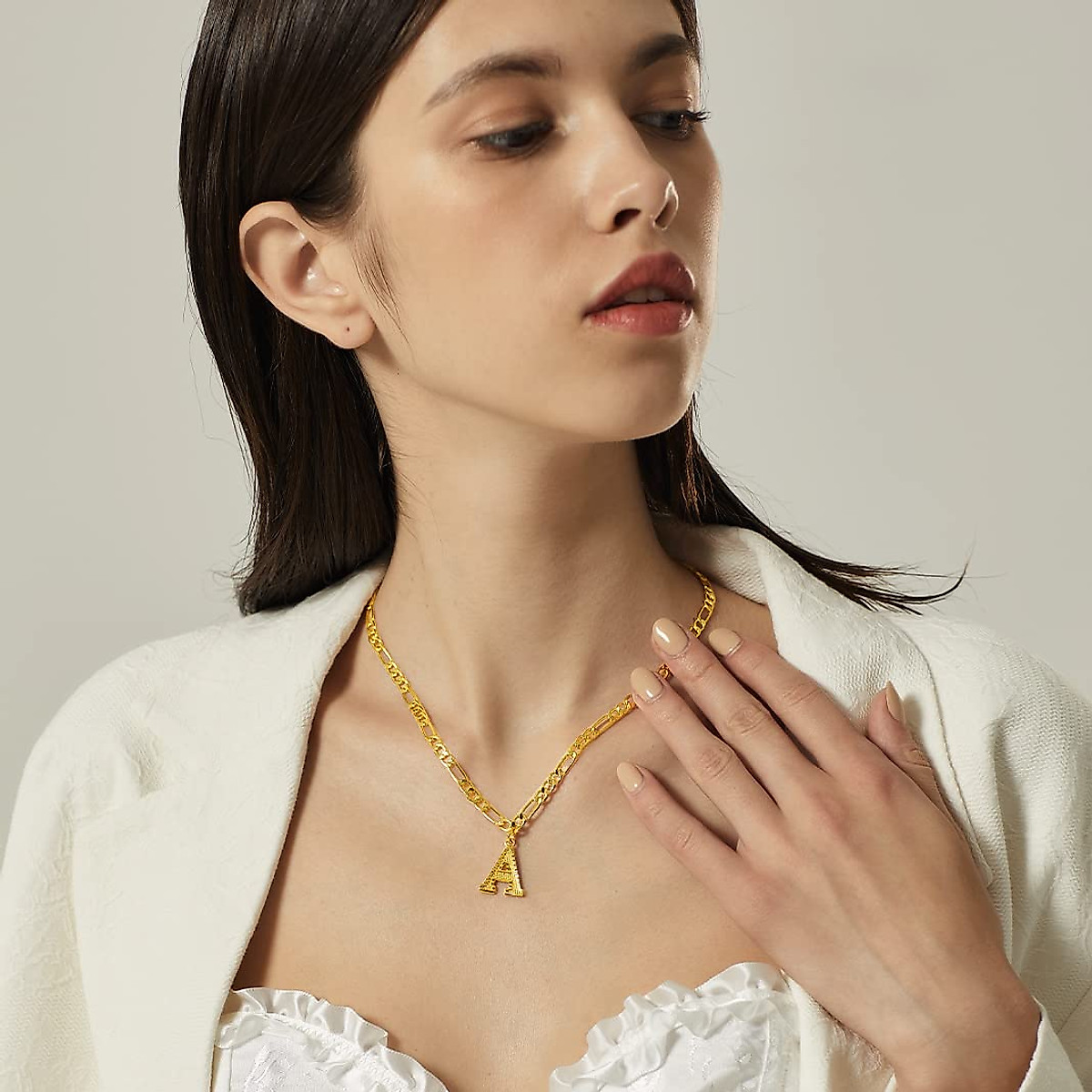 Gold Plated Diamond Cut Letter Initial T Pendant Necklace for Women A-Z Name Jewelry 16Inch/18inch Figaro Choker Chain Adjustable Personalized