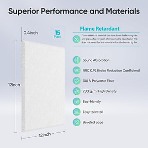 Berlai 15 Pack Acoustic Panels Self Adhesive Sound Proof Foam Panels, 12x12x0.4" High Density Sound Absorbing Panels, Square Acoustic Tiles for Recording Studio Home Theater Office Room(Snow White)