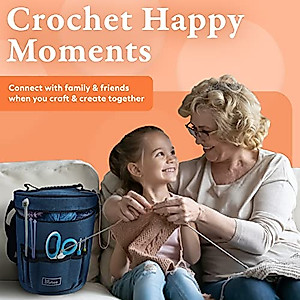 BeCraftee XL Crochet Bag - Large Craft Organizer to Store Crocheting & Knitting Supplies - Portable Yarn Storage with 7 Pockets for Tools, Shoulder Strap and Handle - Blue | Easy to Carry, Tangle Free