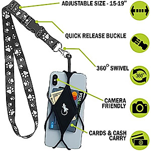 Gecko Travel Tech Cell Phone Holder for Walking with Universal Lanyard Phone Case for Most Smartphones (Dog PAW Neck - Black Diamond)