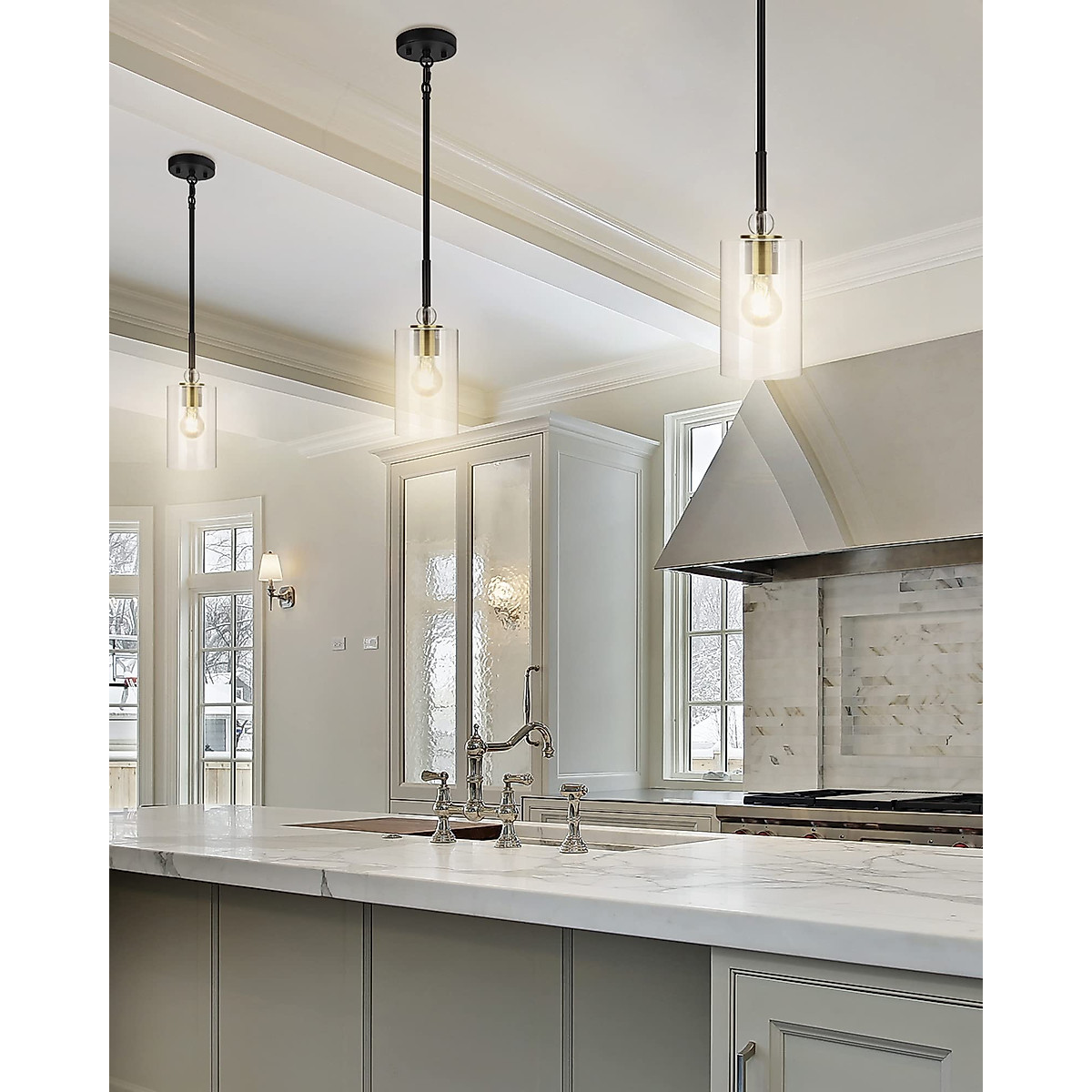 UL-Listed Glass Pendant Light with E26 LED Bulb, JACKYLED Adjustable Height Antique Brass Hanging Light, Modern Gold Pendant Light for Kitchen Island