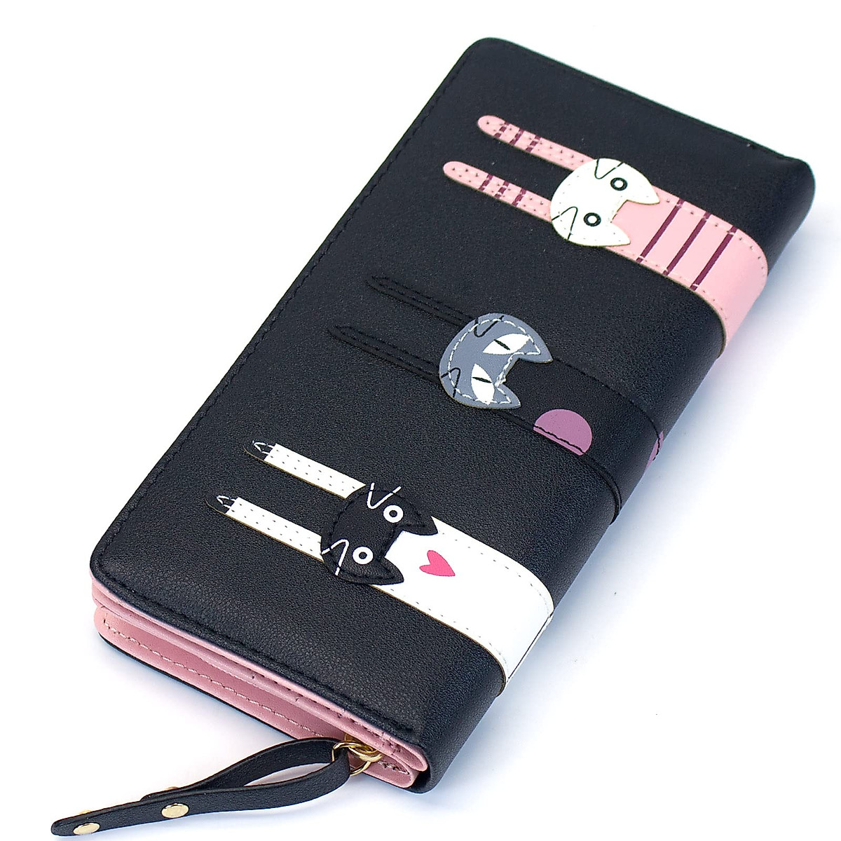 Valentoria® Birthday Gifts for Women's Mini Faux Leather Bifold 3 Cat Design Clutch Wallet (Long Black)