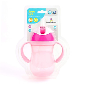 Primo Passi Straw Cup for Kids | Baby Cup with Straw for Baby and Toddler with Double Handle| BPA Free, No Spill Safe Learner Bottle, 9oz/12 Months+ (Pink)