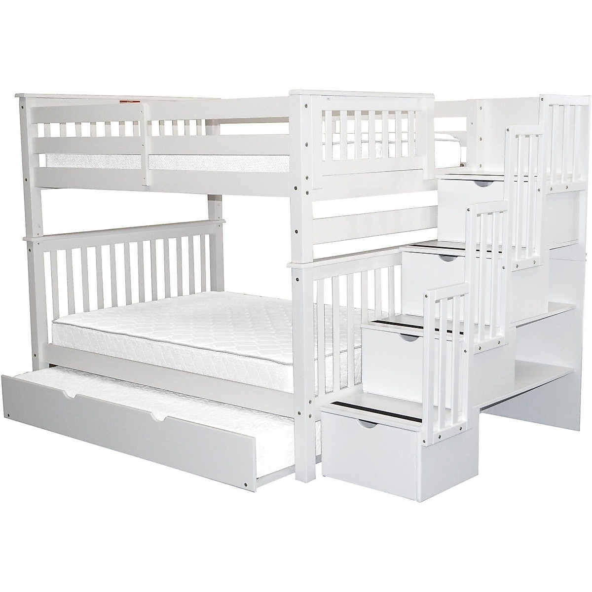 Bedz King Stairway Bunk Beds Full over Full with 4 Drawers in the Steps and a Twin Trundle, White