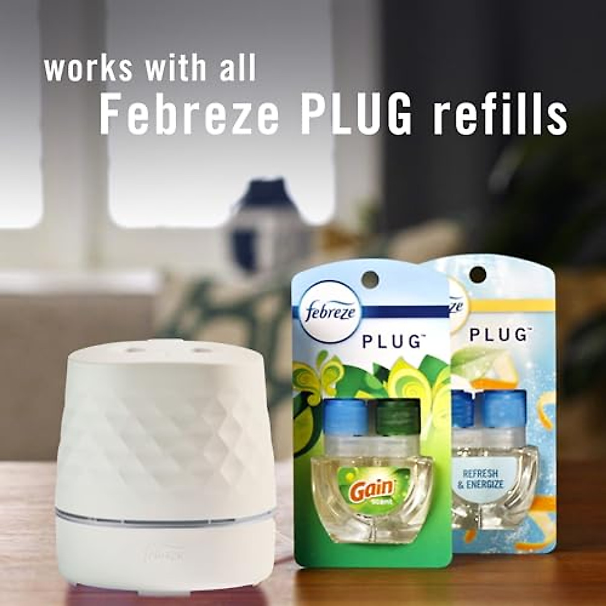 Febreze PLUG Scent Booster Starter Kit, Oil Diffuser, Air Freshener Plug In, Continuous Scent Device + 2 Downy Calm Refills