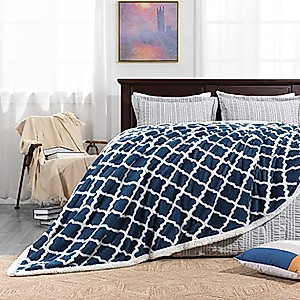 Basic Beyond Fleece Sherpa Throw Blanket - Soft Cozy Navy Blue Throw Blanket with 3D Jacquard Design for Couch,Bed,Travel,Camping,Navy Blue,50"x60"