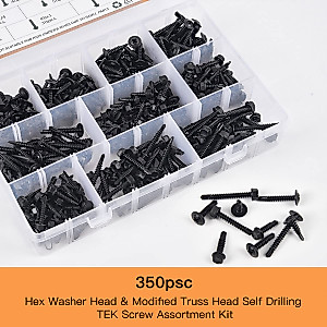 350PCS Self Tapping Screws Assortment, Black #8 Self Tapping Screws for Metal & Plastic with 410 Stainless Steel, Hex Washer Head & Phillips Round Head Self-Tapping Screws for Building & Repair