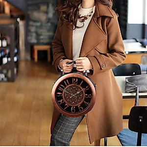 Alarm Clock Handbag Real Working Women Fashion Diagonal Shoulder Bag Leather Vintage Clock Round Box Personalized SteamPunk Style Messenger bag (A)