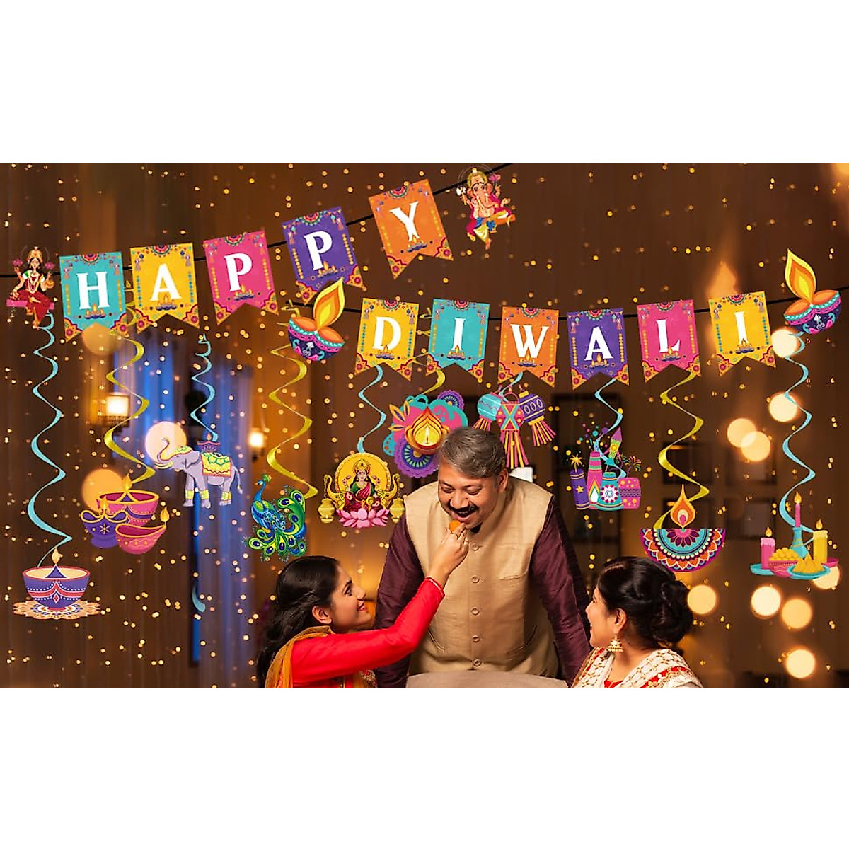 Rakuto Happy Diwali Party Decorations - 12PCS Happy Diwali Banner Hanging Swirls Deepavali Party Hanging Decor for Indian Deepavali Diwali Festival of Lights Rangoli Diya Theme Party Supplies