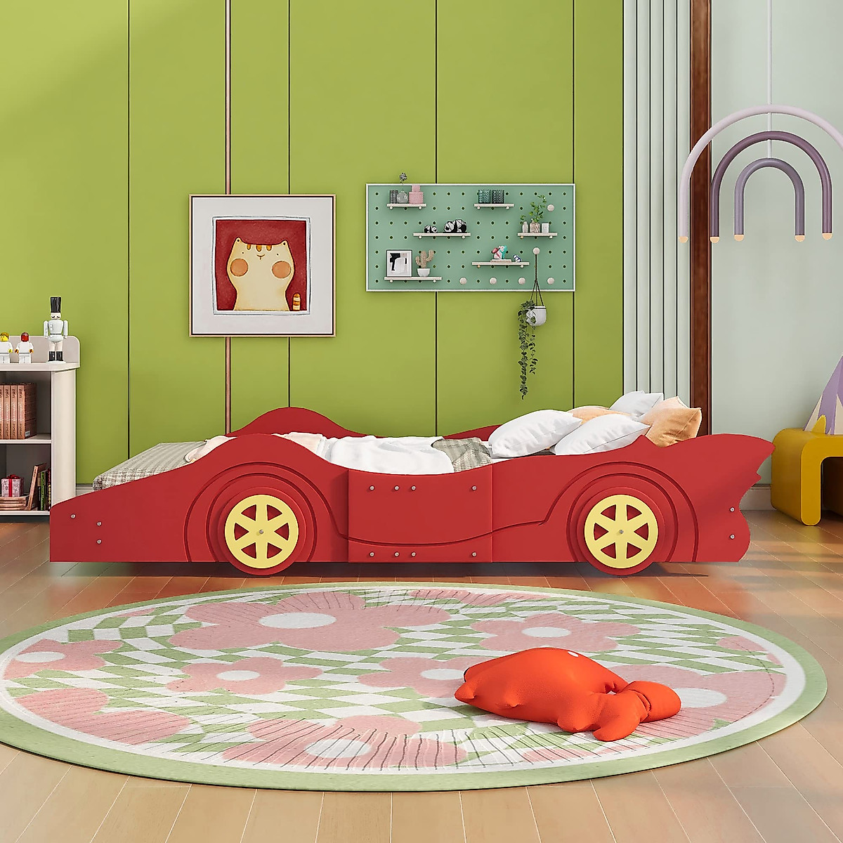 Full Size Race Car Bed for Boys, Wood Low Platform Bed Frame with Support Slats, Full Beds in Race Car-Shaped for Kids Teens, Red