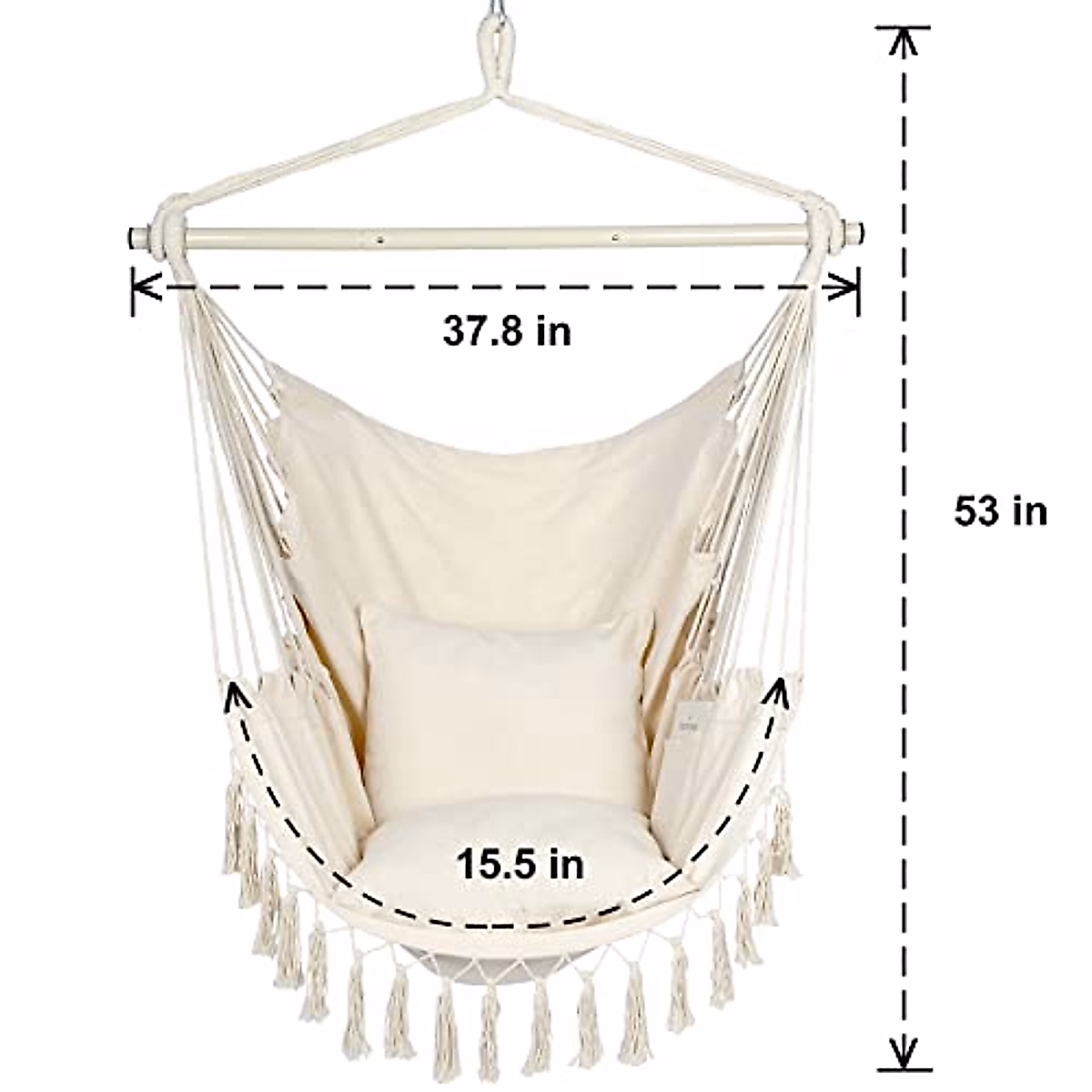 Y- STOP Hammock Chair Hanging Rope Swing, Max 500 Lbs, 2 Cushions Included, Large Macrame Hanging Chair with Pocket for Superior Comfort, with Hardware Kit, Beige