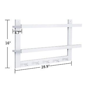 WELLAND 2 Tiers Entryway Floating Wall Shelf Hanging Shelf 29" L, Wall-Mounted Coat Rack Shelf with 5 Hooks for Hallway, Bathroom, Living Room, Bedroom,White