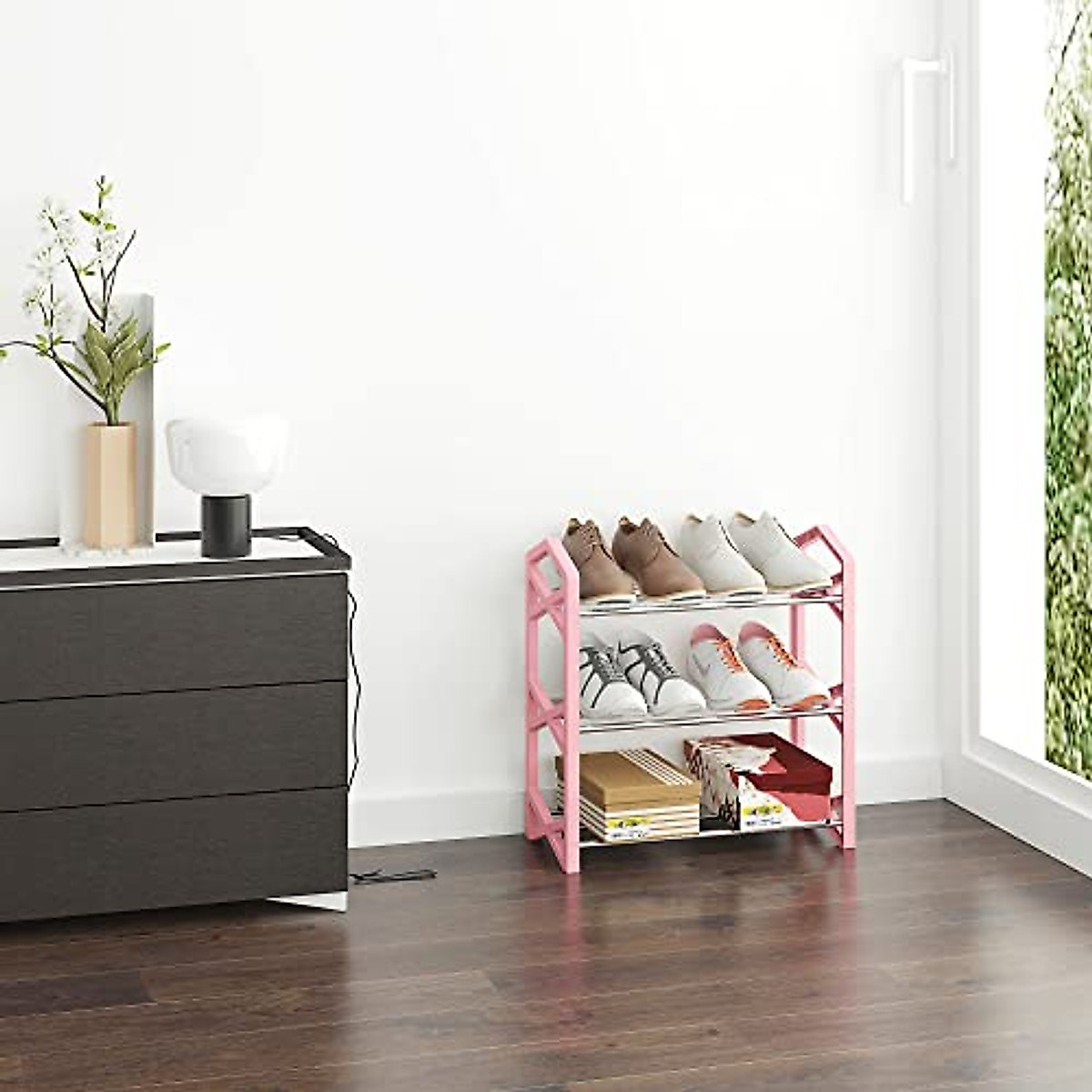 SHELAKET Upgrade 3-Tier Small Shoe Rack, Metal Lightweight 5-7 Pairs Shoe Shelf Storage Organizer for Entryway, Hallway and Closet（Pink）