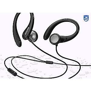 Philips A1105 in-Ear Sports Wired Headphones with Ear Hooks for Secure Fit, Deep bass, in-line Remote Control and Microphone, Sweat-Resistant, 3.5 mm Connector TAA1105BK