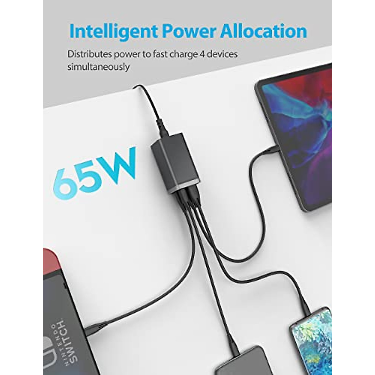 USB C Charger, GaN 65W 4-Port Desktop USB Charging Station with 2 USB-C Ports +2 USB-A Ports PD Fast Charger for MacBook Pro Air, Dell XPS 13, iPad Pro, iPhone 14 13 12 Pro Max, Galaxy and More(Black)