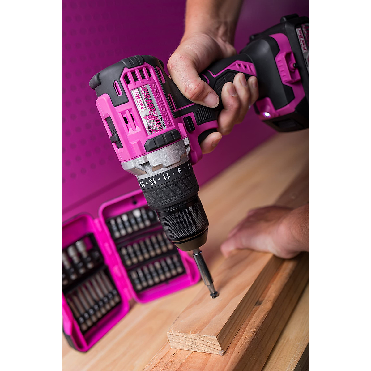 The Original Pink Box 20-Volt Lithium-Ion 1⁄2-Inch Keyless Chuck Brushless Cordless Drill With 2Ah Battery, Pink