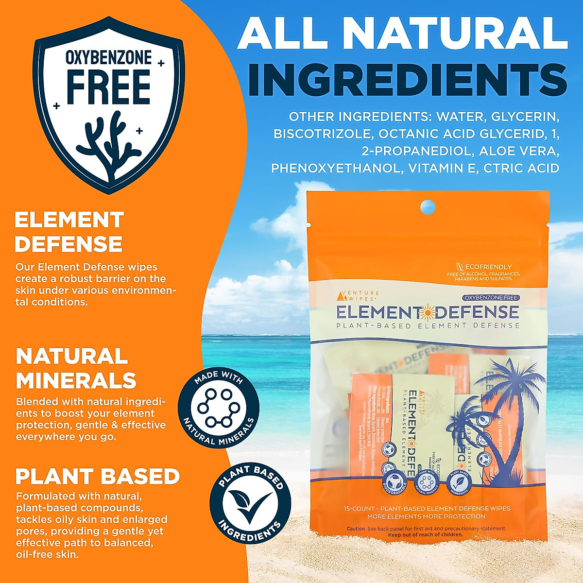 Venture Wipes Element Defense | Pore Shrinking & Oil Preventing Wipes for Men & Women | Plant-Based | Easy-to-Use, Travel Size | Unscented