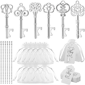 60Pcs Key Bottle Openers Wedding Favors for Guests Bottle Opener with Tag Card Key Chain Gauze Bag Silver Rustic Wedding Party Favor Souvenir present Wedding present