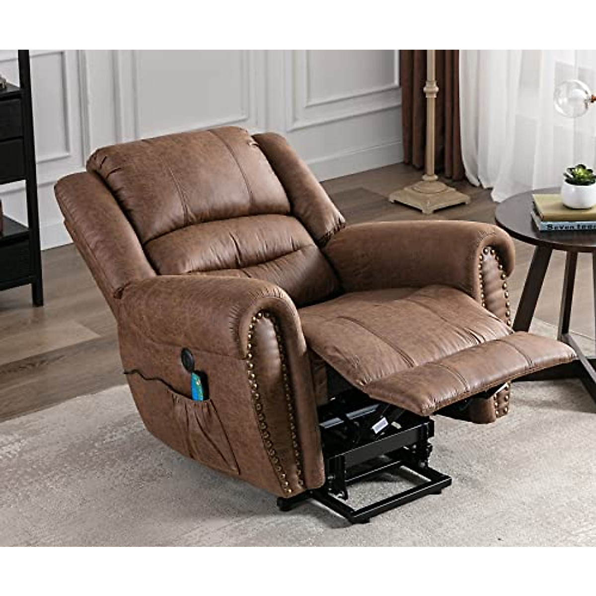 ANJ Large Power Lift Recliner Chairs with Massage and Heat Breathable Faux Leather Electric Lift Chairs for Elderly, Heavy Duty Big Man Recliners Power Reclining Chair with USB Port (Nut Brown)