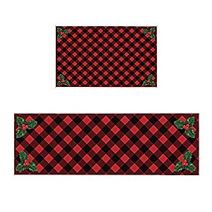 FDECOR Christmas Kitchen Mats Set of 2, Christmas Red Lattice Berry Cushioned Rugs Floor Mats for Kitchen Laundry,Non Slip Farmhouse Kitchen Runner Rugs Comfort Standing Mat, 19.7x31.5in+19.7x63in