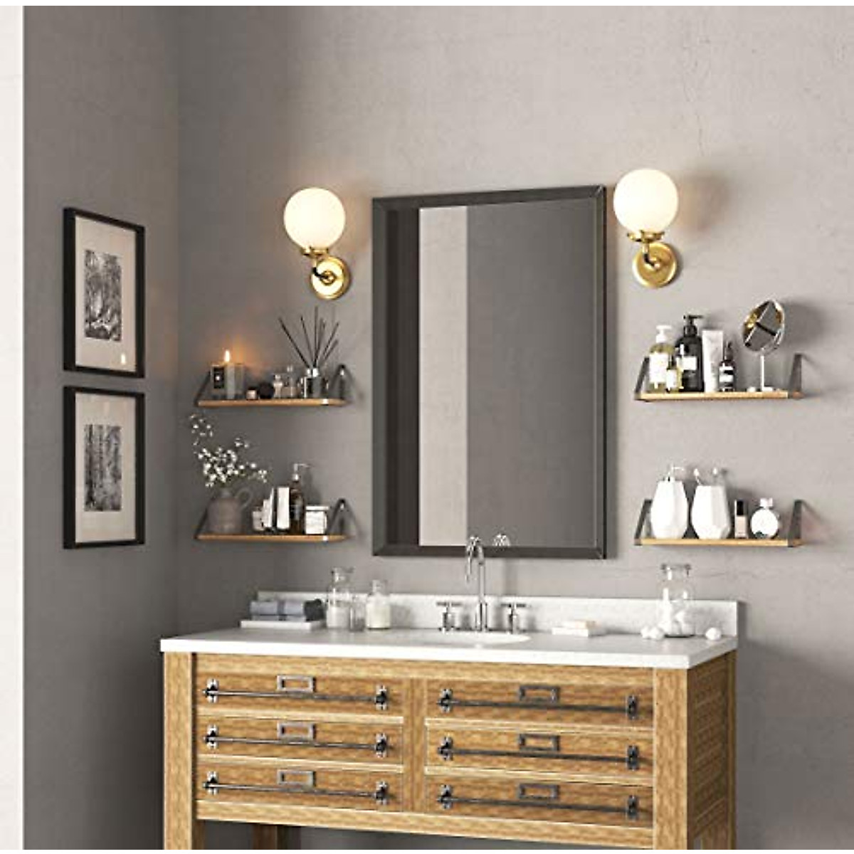 Wallniture Floating Shelves Bathroom Storage Wall Mount Home Decor Bedroom Kitchen Laundry Room Organizer with Black Brackets and Natural Burned Rustic Wood Shelves Set of 2