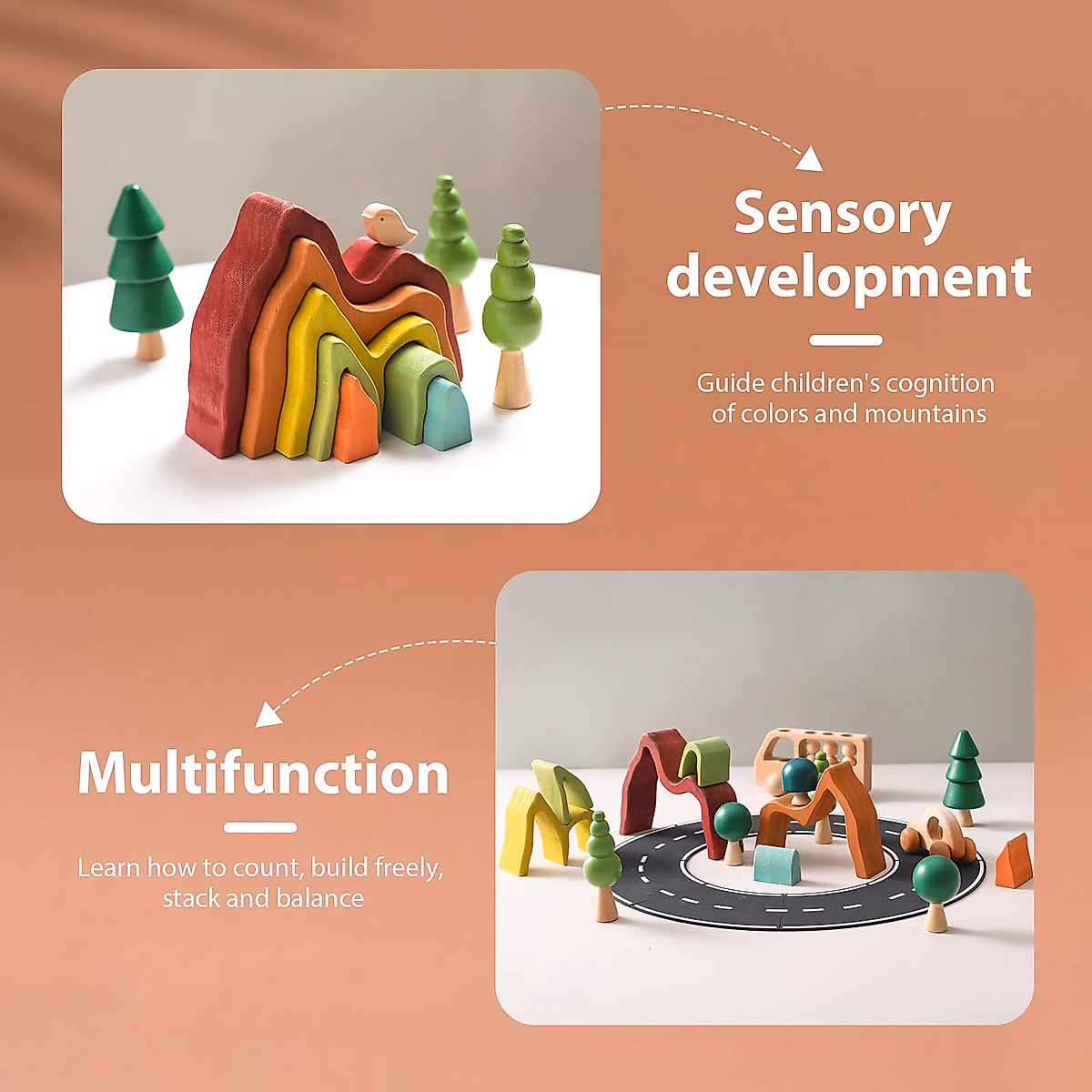 JETM·HH Wooden Rainbow Stacking Toy | House Bulding Block | Montessori Geometry Educational Stacking Game | Learning Educational Toys for Kids Baby Toddler（Volcano）