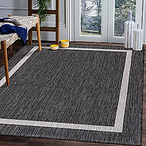 Beverly Rug Waikiki Indoor Outdoor Rug 5x7, Washable Outside Carpet for Patio, Deck, Porch, Bordered Modern Area Rug, Water Resistant, Dark Grey - Light Grey