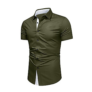 JMIERR Men's Casual Button Down Shirts Wrinkle-Free Short Sleeve Business Muscle Slim Fit Non Iron Dress Shirt for Men, XL, Olive Green