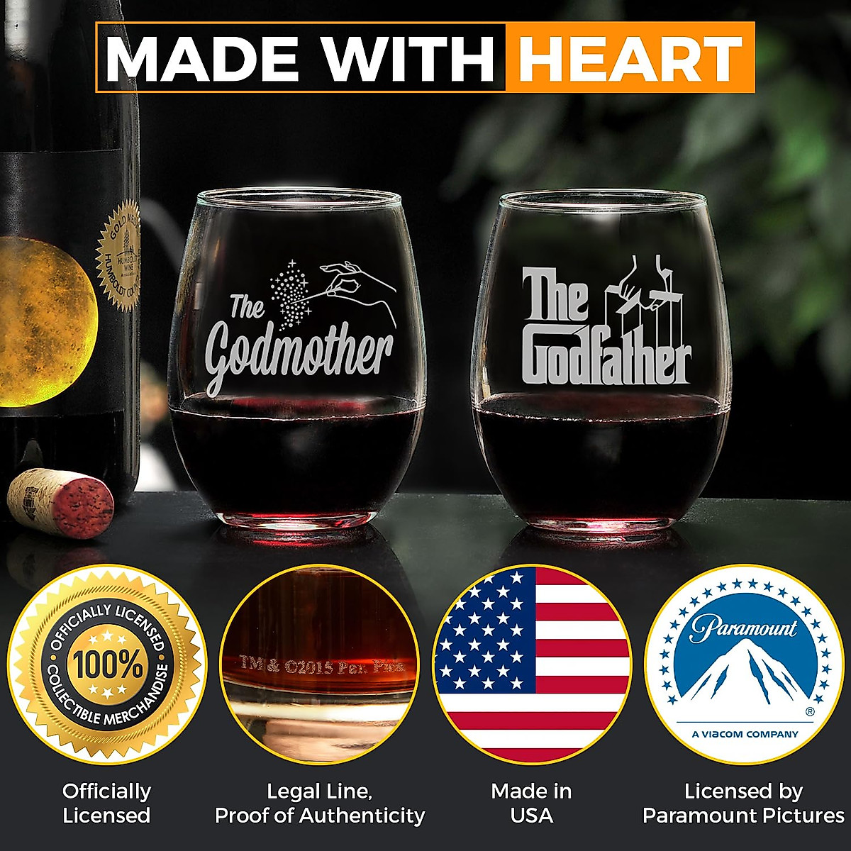 The Godfather & Godmother Etched Stemless Wine Glass Set - Premium Quality Licensed, Handcrafted Glassware - A Perfect Collectible Gift for Godparents, Movie Lovers & Special Occasions