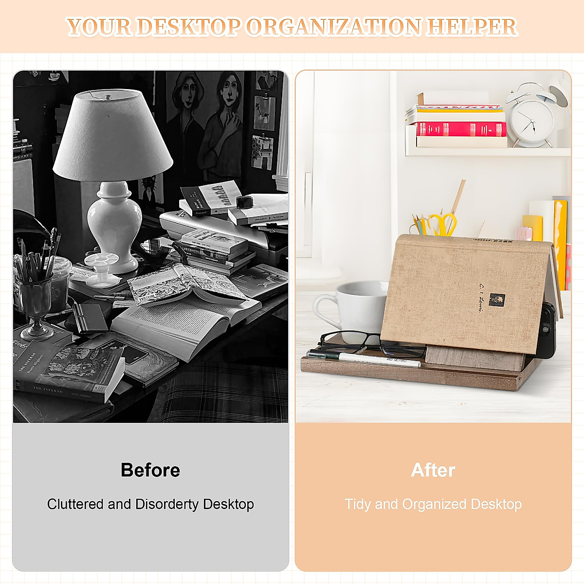 TEGIVONA Wood Small Bookshelf, Triangle Bookmark with Book Page Holder, Night Stand Book Holder, Mini Bookcase Rest with Coffee Drink Holder for Office, Book Rest and Mug Stand, Gifts for Book Lover