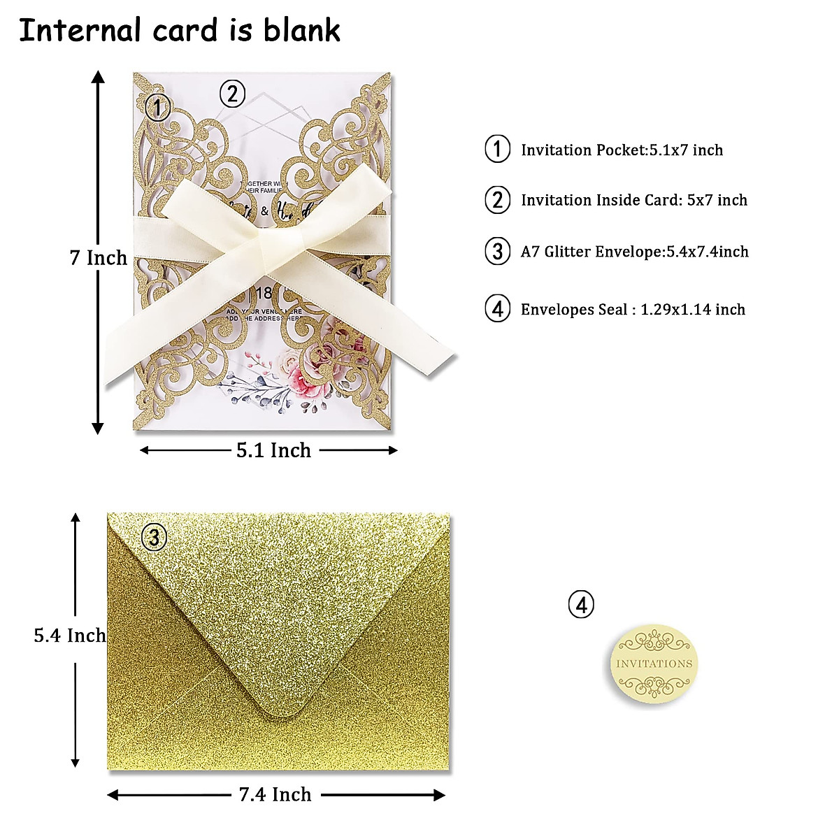 Fashmade 50Pcs Laser Cut Wedding Invitation With Glitter Envelopes And Ribbons Blank Personalized Card Invitaciones Para quinceañera Birthday Baby Shower Christmas Party Bridal Shower (Gold)