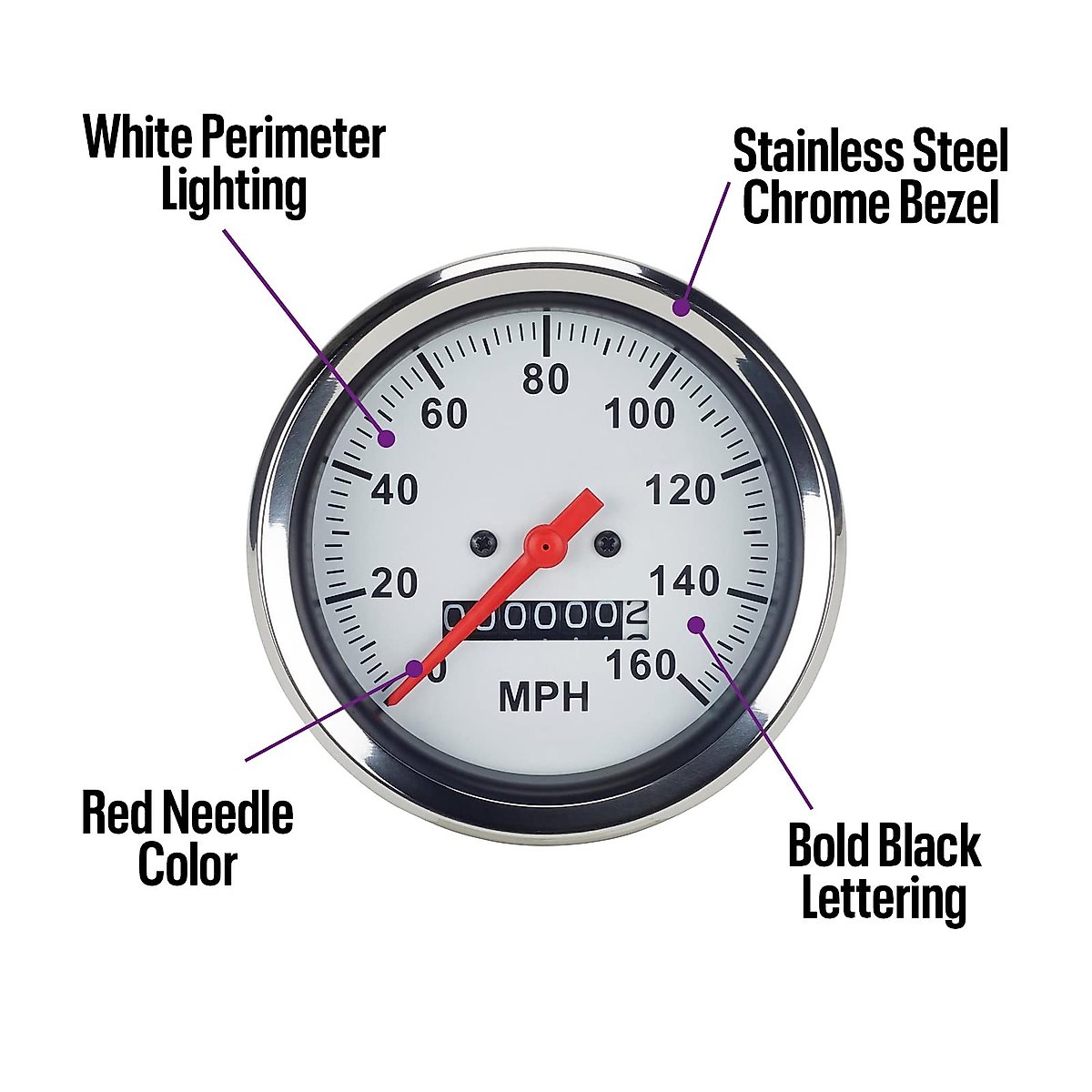 5-Gauge Set Complete Kit: 3-3/8" Mechanical Speedometer, 2-1/16" Component Gauges with White Face, Red Pointer & Chrome Bezel, Includes Tubing, Adapters, Fuel Level Sender