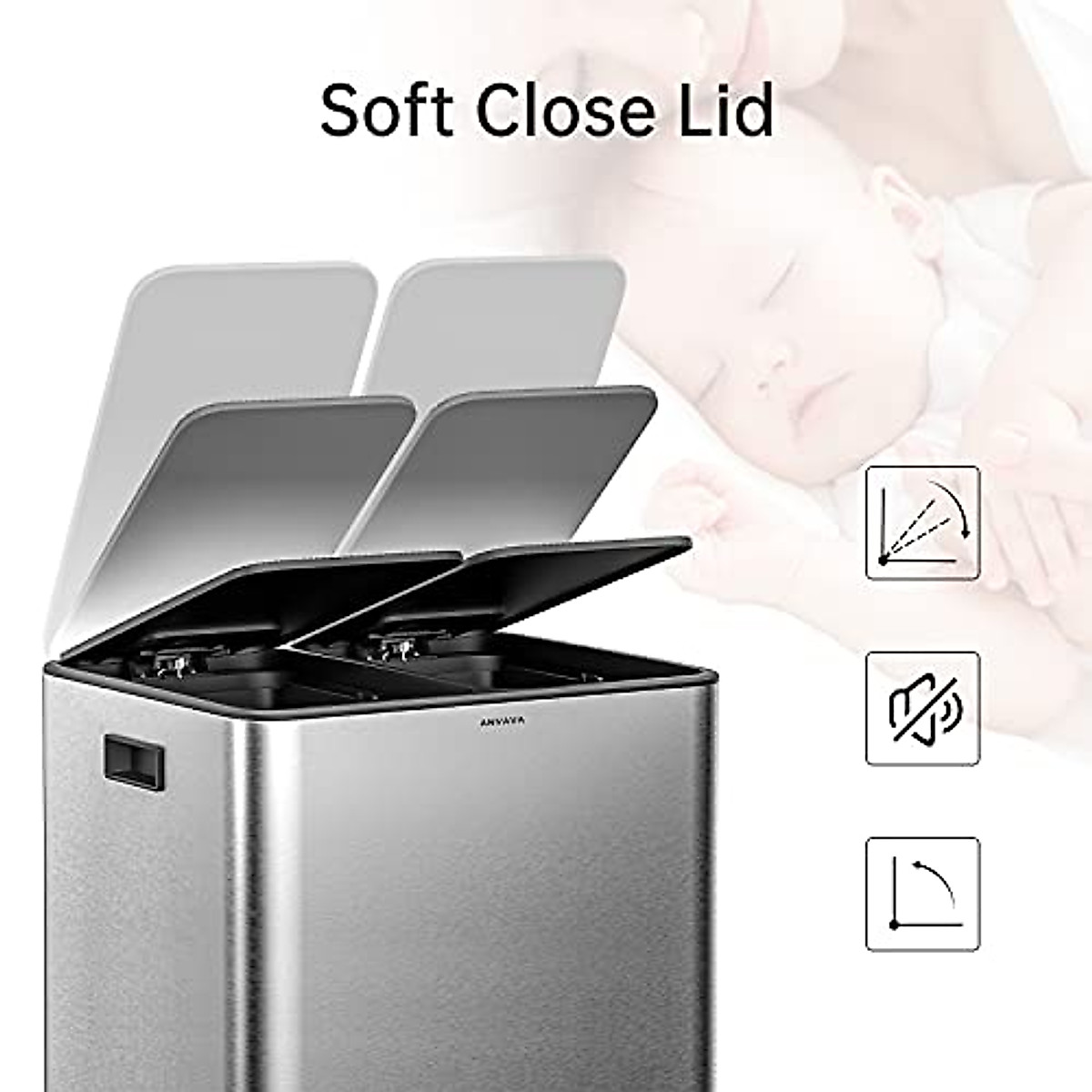ANVAVA Trash Can, 30 Liter(2x15 Liter) Dual Step Trash Can Stainless Steel Dual Compartment Recycling Kitchen Step Trash Can with Removable Inner Bucket and Soft Close Lid Rubbish Bin (30 Liter)