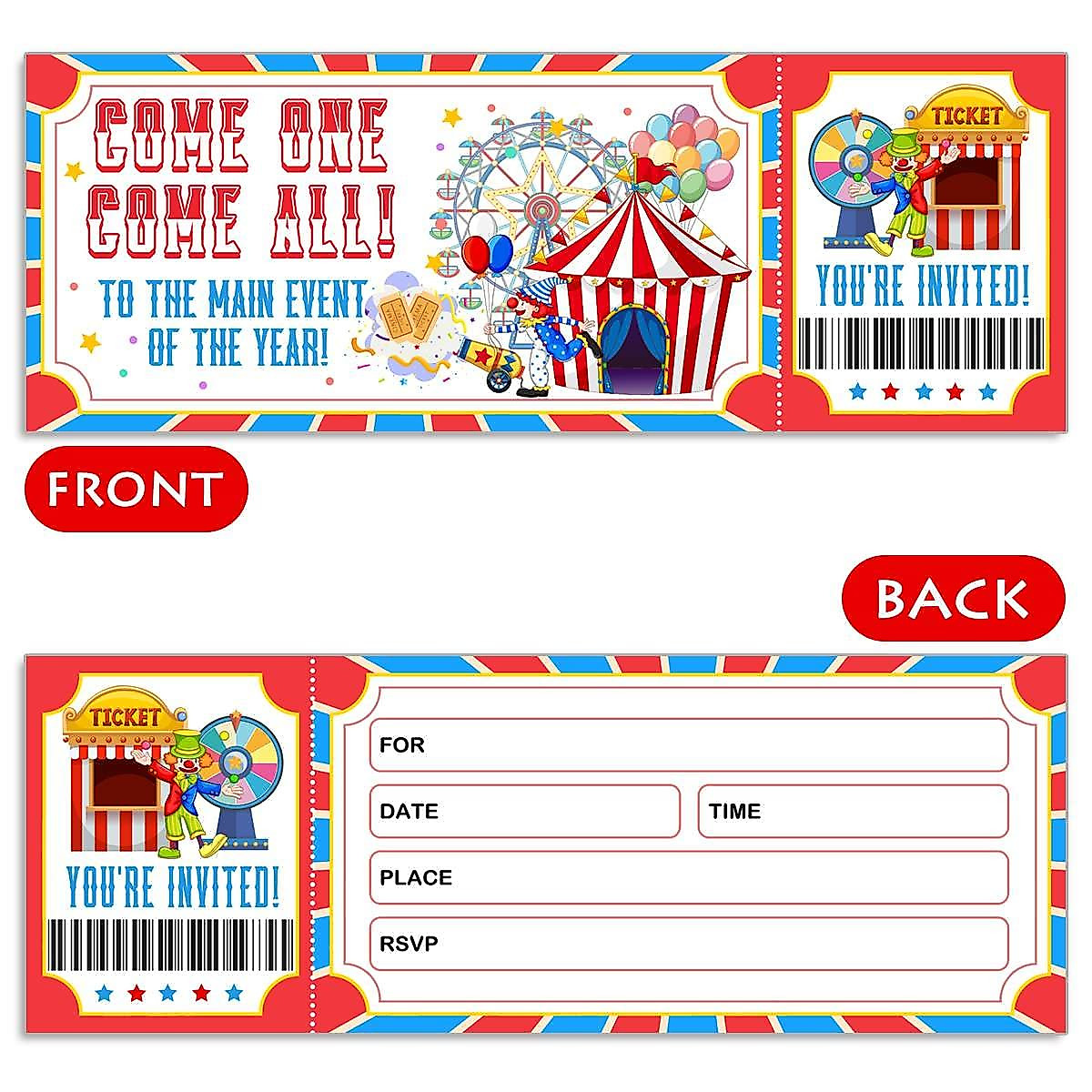 Simimi art Circus Ticket Invitations, Vintage Circus Party, Circus Ticket Birthday Party Invitation, 30 Ticket 30 Envelopes