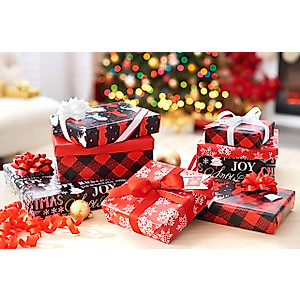 American Greetings Christmas Wrapping Paper Set with Cut Lines, Red, Black and White, Plaid, Reindeer and Snowflakes (4 Rolls, 7 Bows, 30 Gift Tags, 120 sq. ft.)