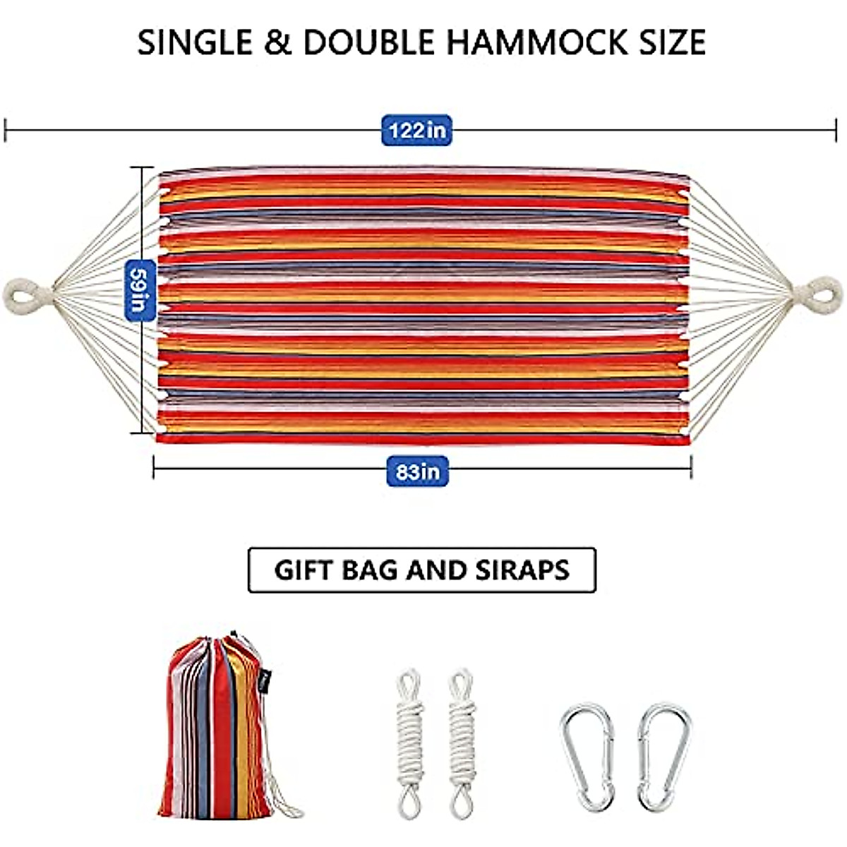 ROOITY Patio Hammock Double Hammocks with Portable Carrying Bag,Soft Woven Fabric, Up to 450 Lbs Hanging for Trees,Garden,Backyard,Porch,Outdoor and Indoor XXX-Large Stripe