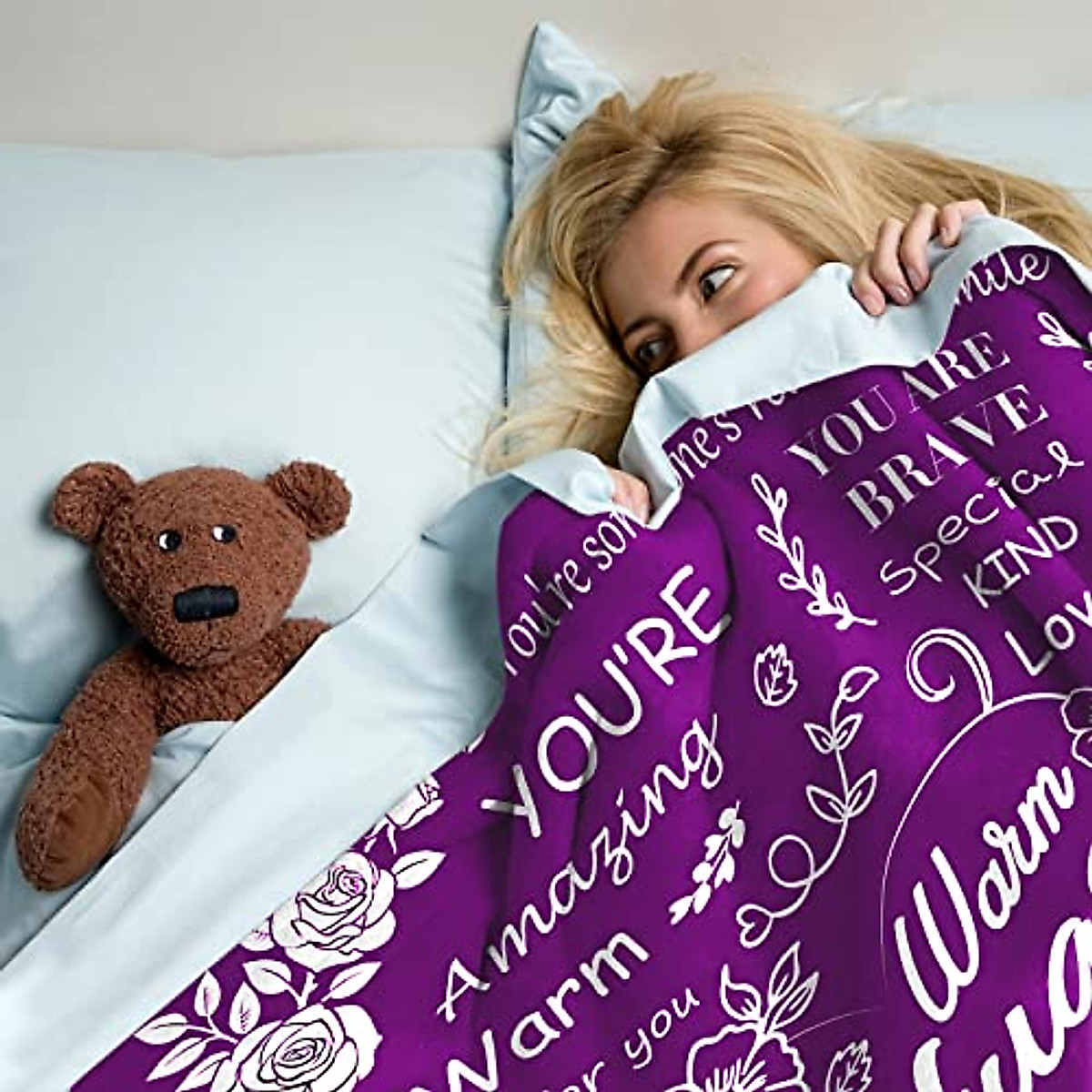 Warm Hugs Gift Throw Blanket,Inspirational Gifts for Women, Get Well Soon Gifts, Appreciation Gifts, Encouragement Gifts, 50"x 60"Purple Throw Blankets Gifts for Birthday Love Support Friendship